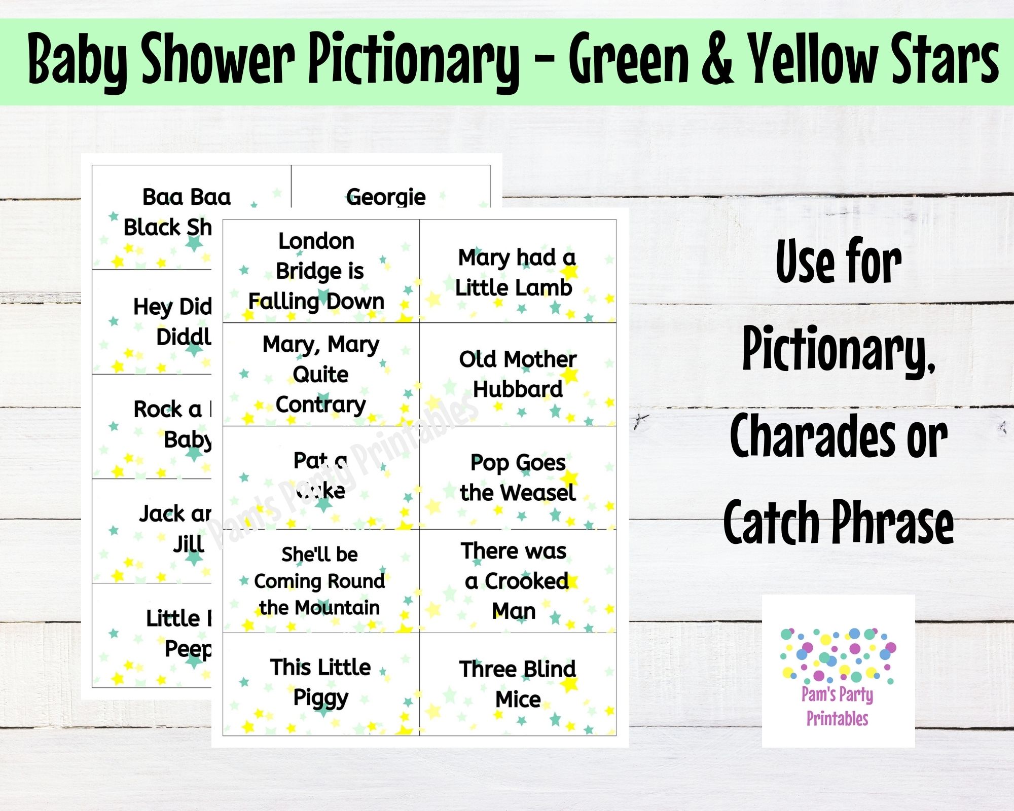 Green Stars Theme Nursery Rhyme Pictionary Printable Cards Baby